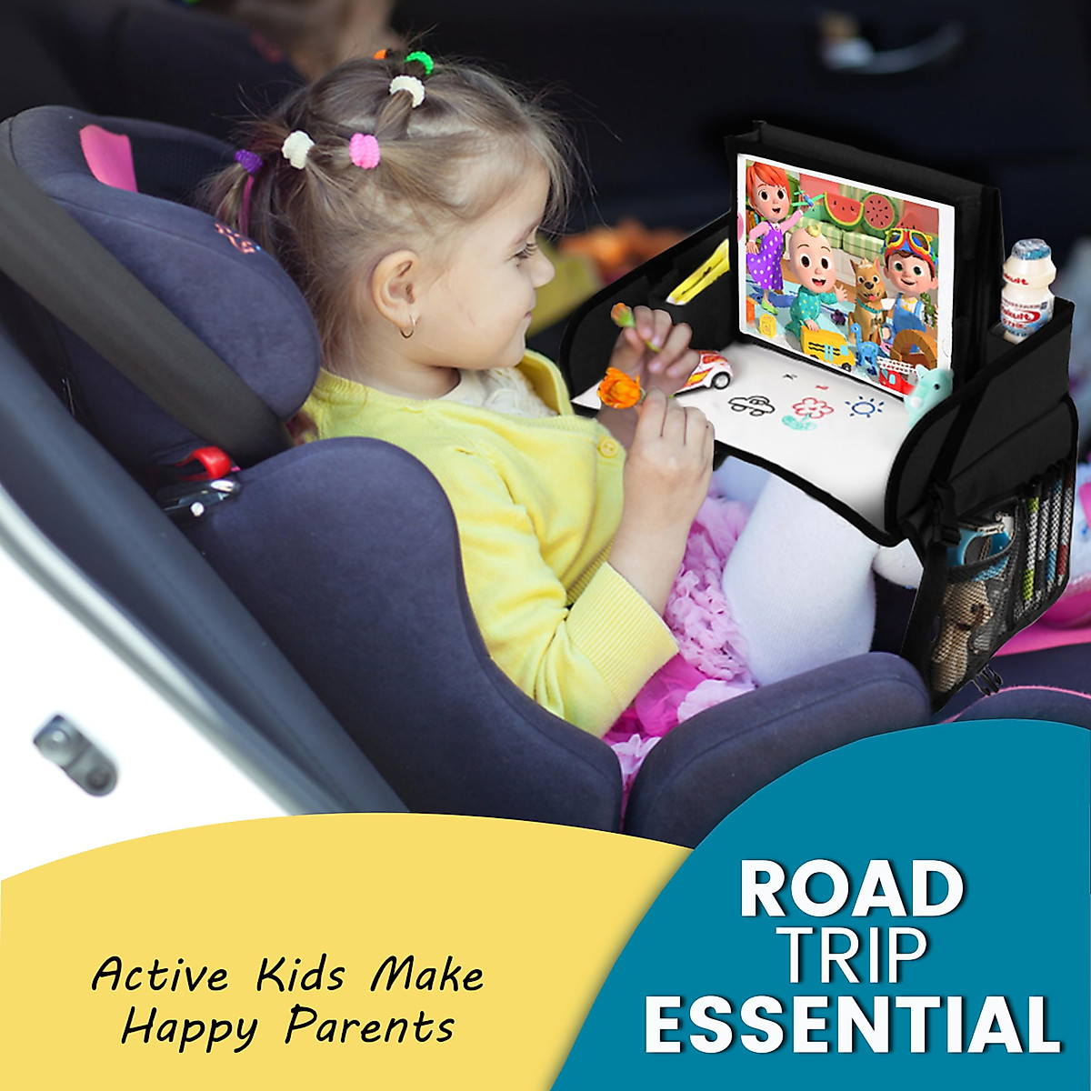 Kids Travel Tray with Bag - Toddler Car Seat Tray, Foldable Lap Travel Table Desk with iPad Holder, Drawing Board, Storage Pocket Organizer for Child Road Trip, Car Stroller, Airplane - Pink