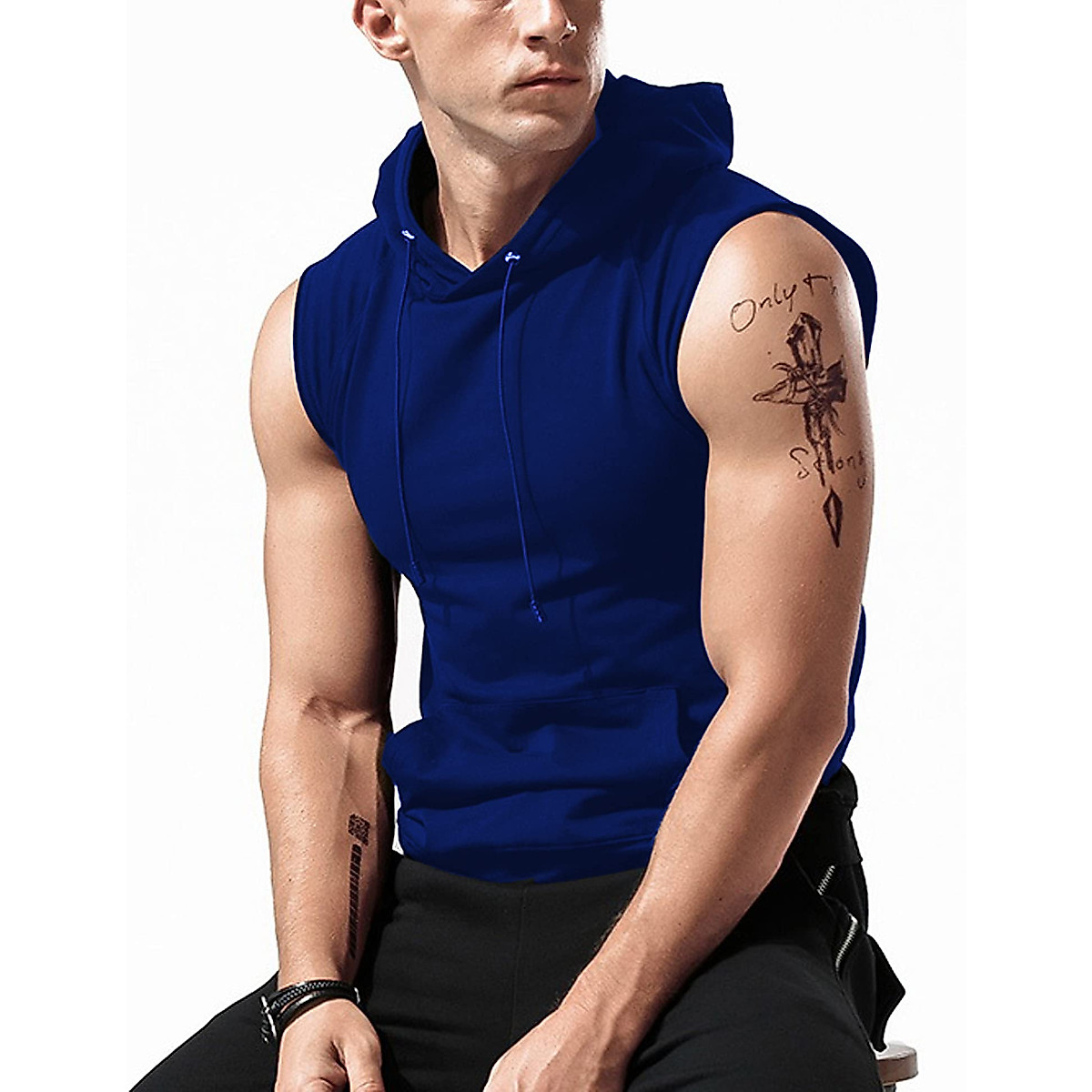 Aixdir Sleeveless Shirts for Men Casual Hoodie Tank Tops Gym Workout with Pocket Royal Blue L
