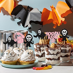 Gyufise 24Pcs Horror Movie Cupcake Toppers Glitter Telephone No You Hang Up Killer Birthday Cupcake Picks for Horror Movie Theme Birthday Halloween Party Cake Decorations Supplies