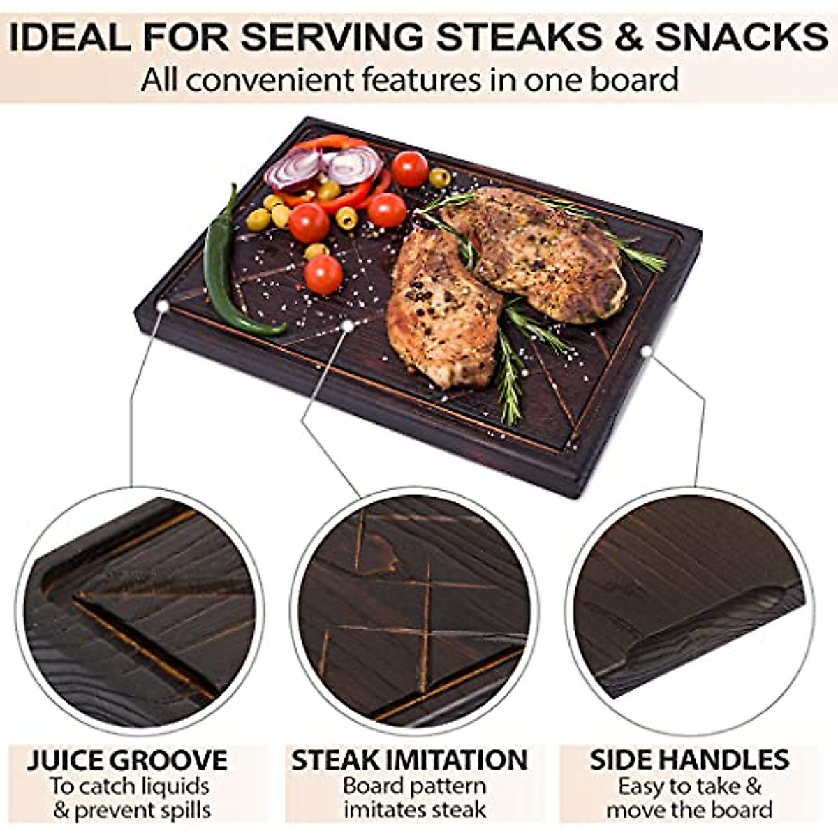Wooden Steak Board Solid Oak Serving Barbecue Platter Natural Thick Cutting Plate Durable & Quality (Large)