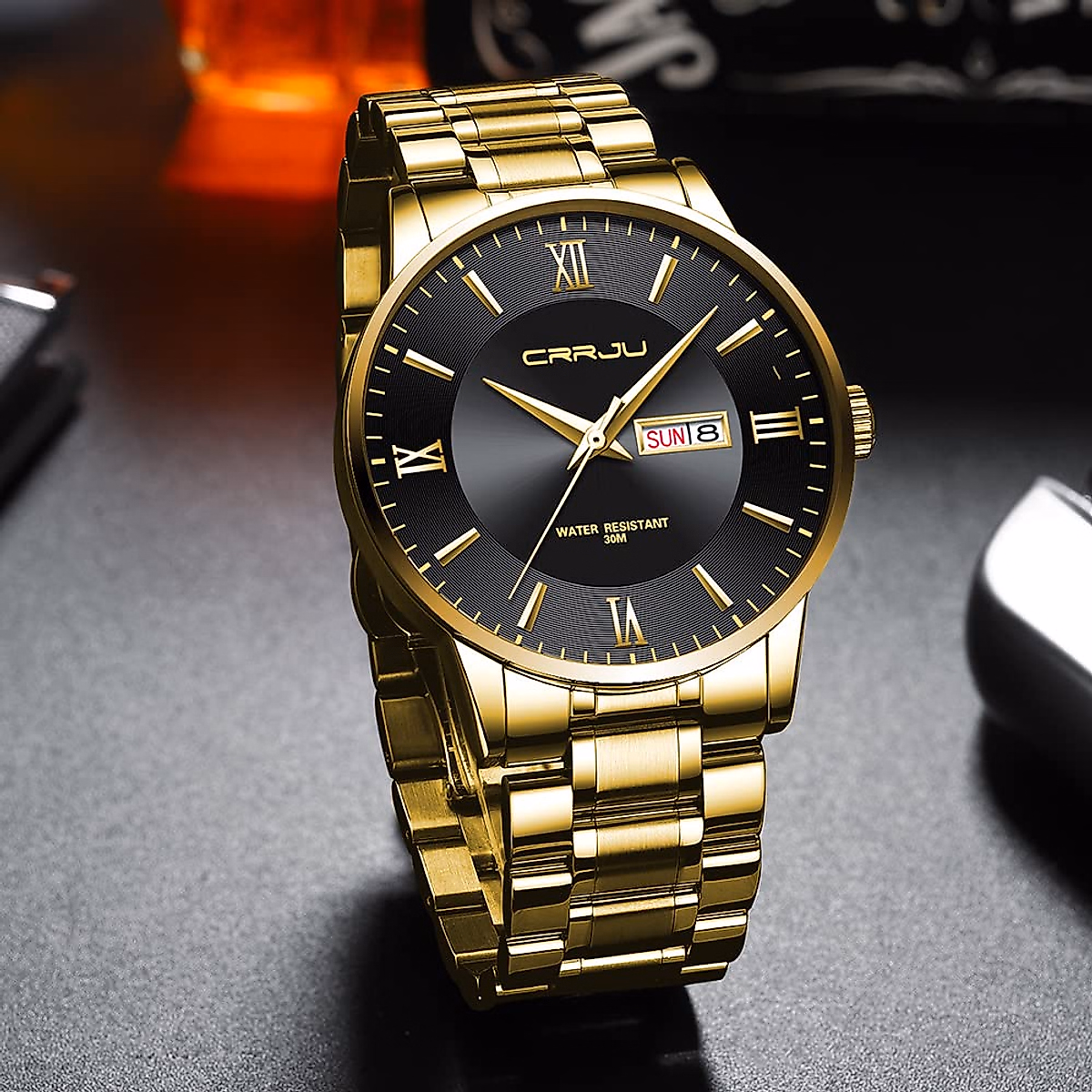 CRRJU Men's Fashion Luxury Golden Auto Date Watches Business Casual Japan Movement Quartz Waterproof Wristwatches for Men,Golden Stainsteel Steel Band Watch