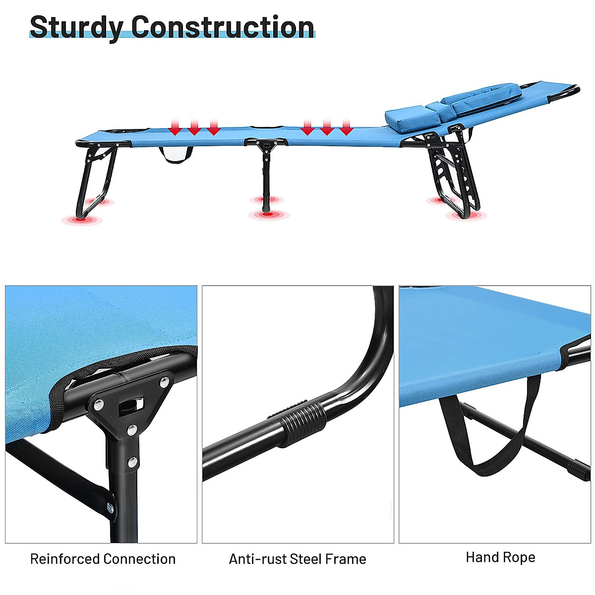 Giantex Outdoor Chaise Lounge Chair - Folding Beach Chair with 5 Adjustable Positions, Hole, Detachable Pillow, Hand Ropes, Lounger for Sunbathing, Poolside, Yard, Patio Lawn Chair