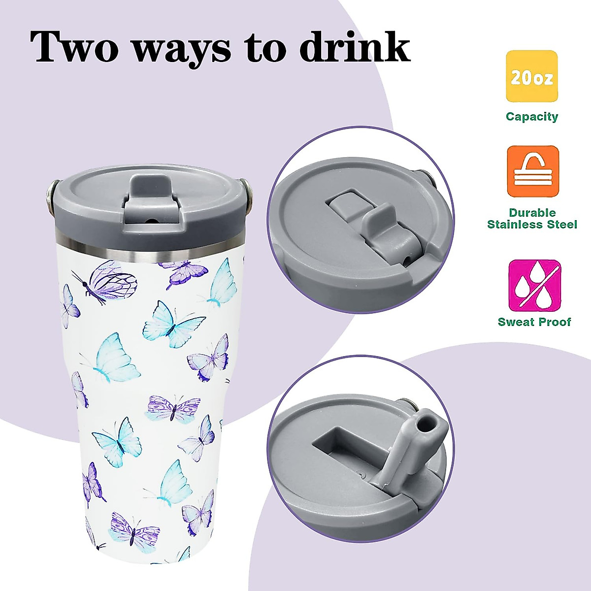 Hachishun Butterfly Tumbler with Handle,Stainless Steel Vacuum Insulated Flip Straw 20oz Butterfly Tumbler Spill Proof Coffee Travel Mug Butterfly Gifts