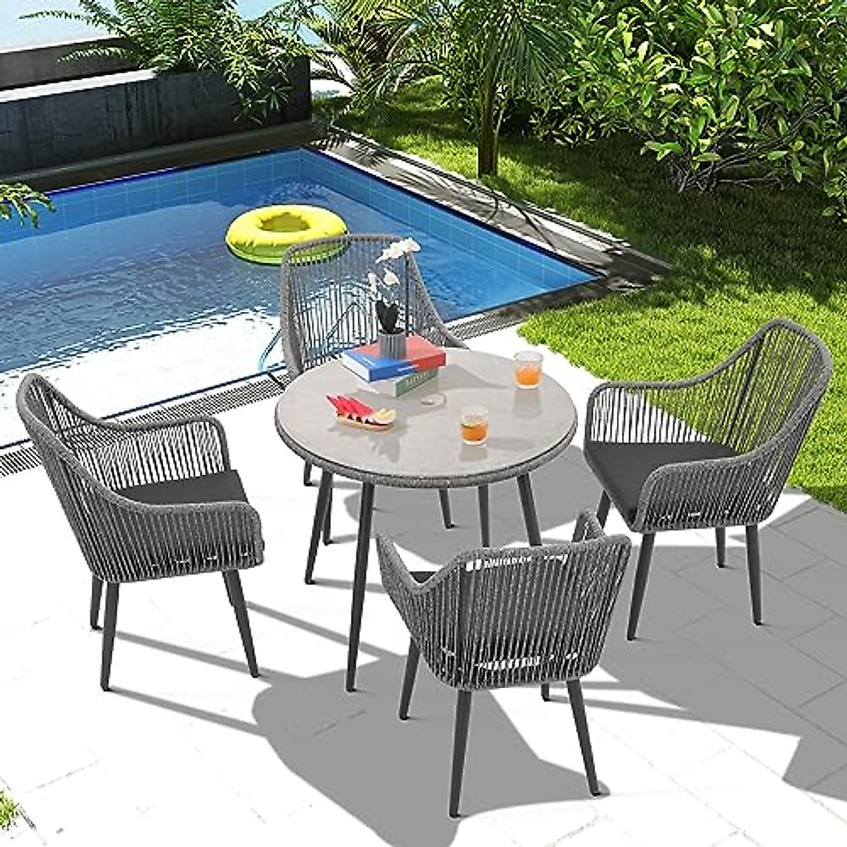 Patiorama 5-Piece Patio Dining Set, Outdoor Dining Table Chair Set, All-Weather Twisted Rattan Wicker Rope Conversation Set, Patio Furniture Set w/Umbrella Hole, 4 Cushioned Chairs&Glass Table(Gray)