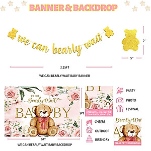 132 PCs Teddy Bear Baby Shower Decorations for Girl, Hombae Pink We Can Bearly Wait Baby Shower Decorations Backdrop Balloon Garland Glitter Banner Tablecloth Cake Cupcake Topper Box Cutout Sash