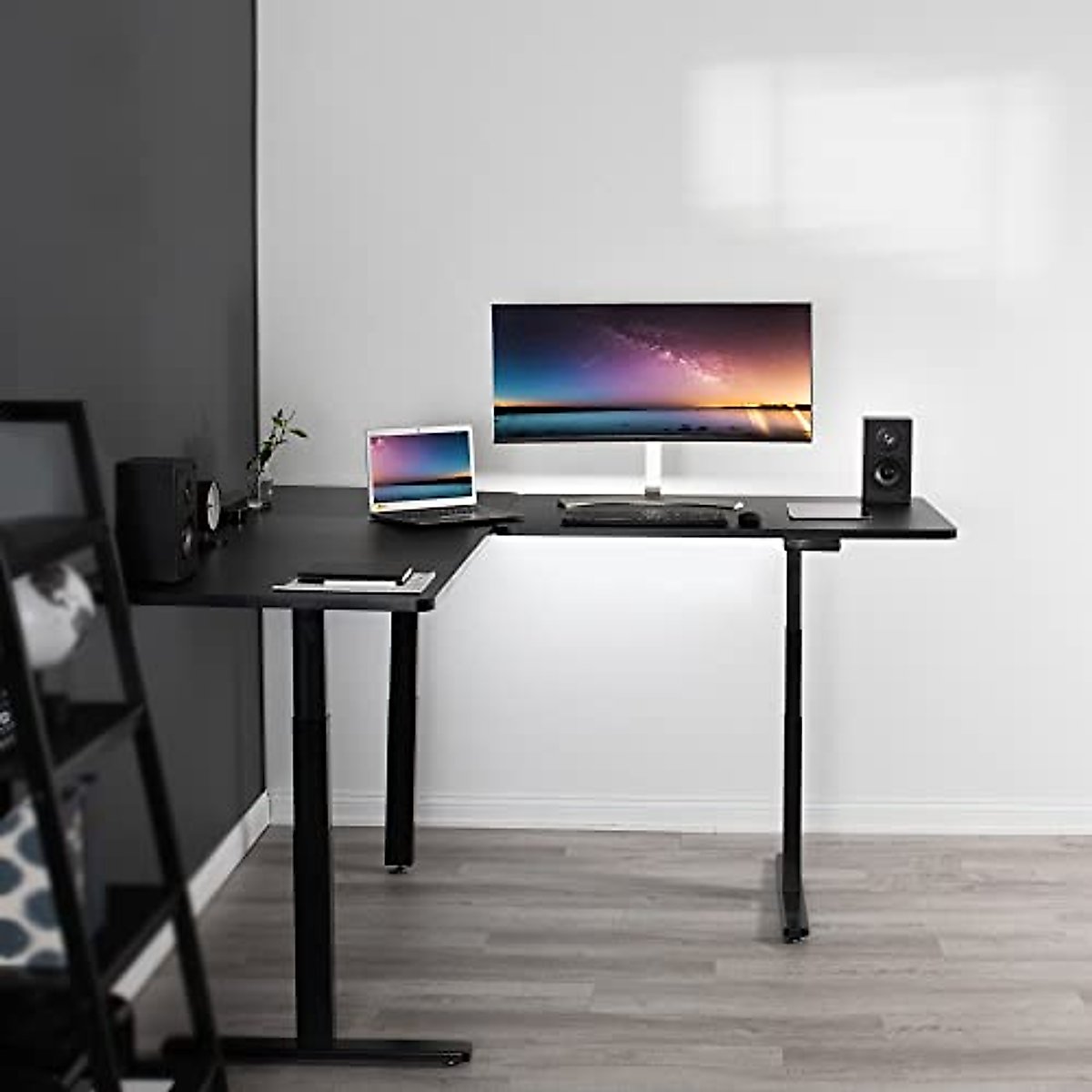 VIVO Electric Height Adjustable 77 x 71 inch Corner Stand Up Desk, 2 Black 30 inch Deep Table Tops, Black Frame, Memory Controller, L-Shaped Standing Workstation, DESK-KIT-3E7B