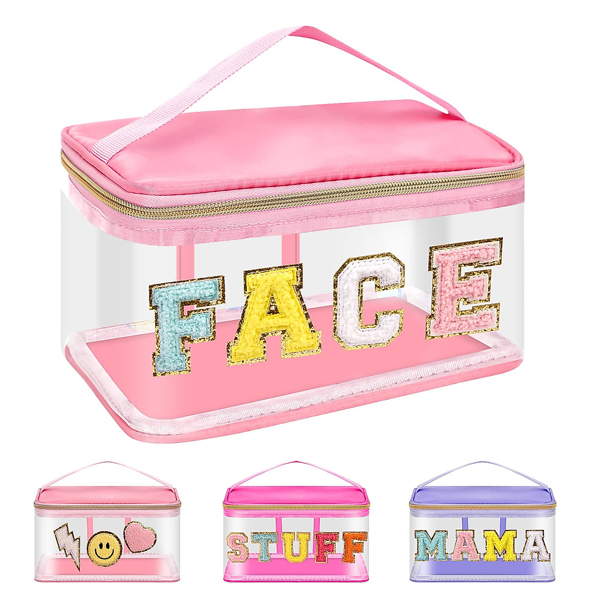 Iqimott Preppy Clear Makeup Cosmetic Bag for Women Travel, Nylon PVC Chenille Glitter Letter Toiletry Storage Tote Bag, Transparent Waterproof Organizer Zipper Pouch with Handle(Face, Pink)