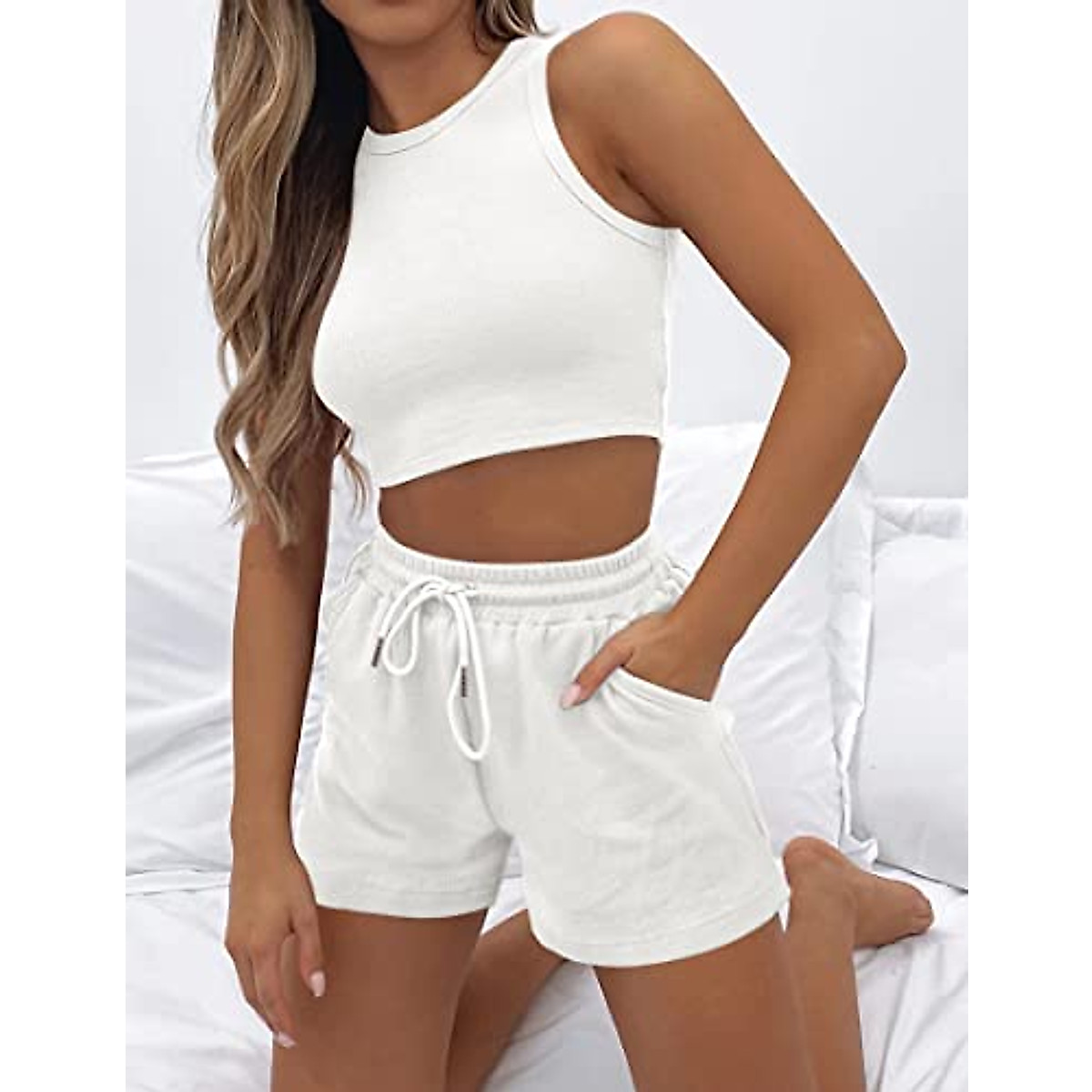 ZESICA Women's Waffle Knit Sleeveless Crop Top and Shorts Pullover Nightwear Lounge Pajama Set with Pockets,CropWhite,Small