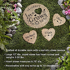 Let's Make Memories - Personalized Garden Stone - Love Grows Here Heart Garden Stone - Customize with Any Name - Made of Durable Resin - Realistic Stone Texture - Heart Shape, 6.75" Diameter
