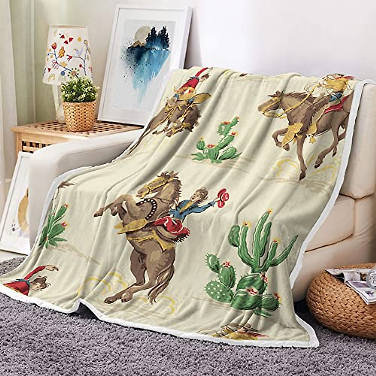 Bzhilja Western Cowboy Throw Blankets, Western Riding Horse Wild Tropical Cactus Desert Cozy Warm Bed Couch Blanket, Farm Farmhouse White Fleece Flannel Throws to Decorate The Room and Bedroom.