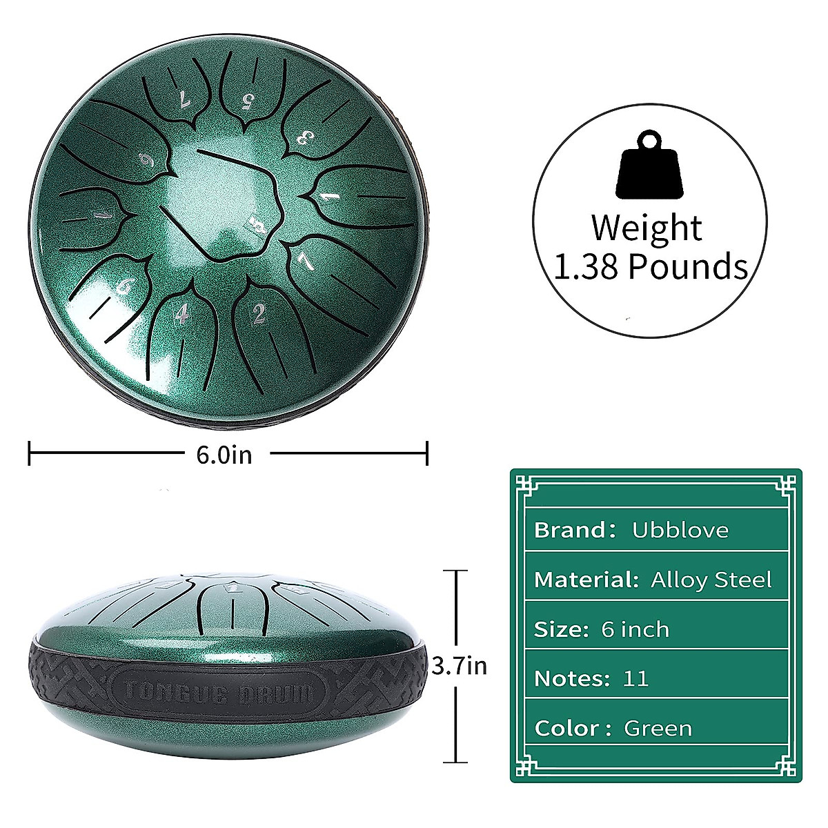 Ubblove Steel Tongue Drum 11 Notes 6 inch Handpan Drum Percussion Instruments with Mallets Bag for Meditation Musical Education Concert Party Gifts - Green