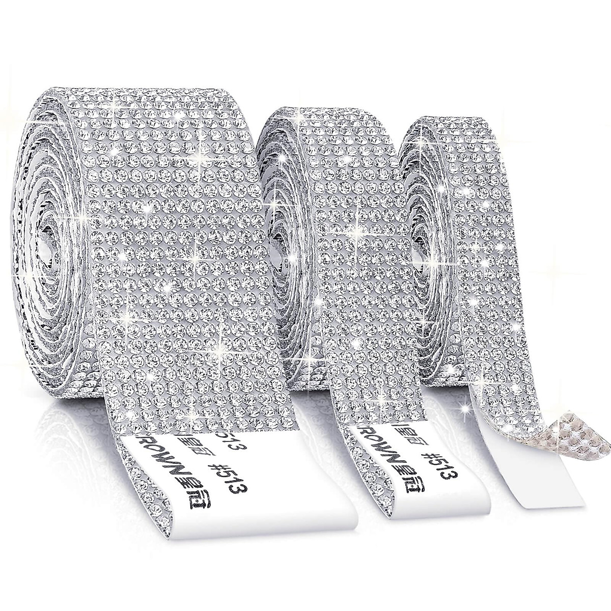 Cludoo 3 Rolls Rhinestone Ribbons, Silver Self Adhesive Rhinestone Strips, Diamond Rhinestone Roll Rhinestone Tape Bling Wrap, Bling Stickers Rhinestones for Crafts Decoration Car DIY Wedding Party