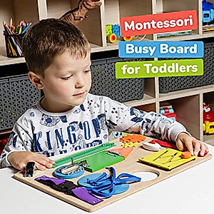 deMoca Busy Board for Toddlers, Montessori Toy for 3 Year Old with 10 Educational Toddler Activities to Develop Fine Motor Skills, Learning Wooden Travel Toy for Plane and Car Journey
