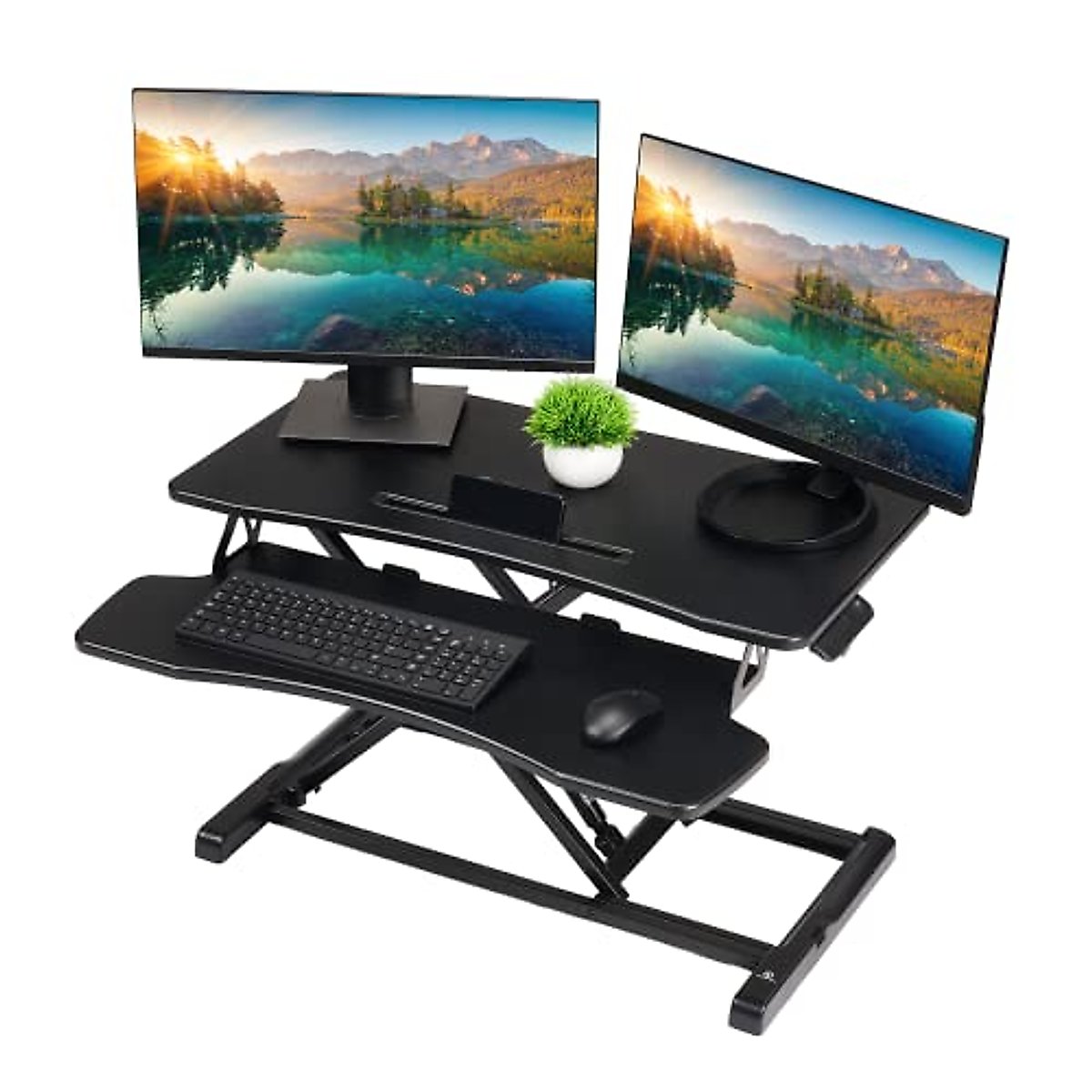TechOrbits Standing Desk Converter - 32 Inch Adjustable Sit to Stand Up Desk Workstation, MDF Wood, Ergonomic Desk Riser with Keyboard Tray, Desktop Riser for Home Office Computer Laptop, Black 32"