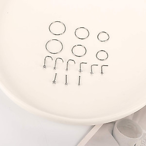 Magitaco 15Pcs 20G Surgical Steel Nose Rings Hoop Nose Ring Studs L Shape Screw Nose Studs Nose Piercing Nose Pins Nose Rings for Women Men