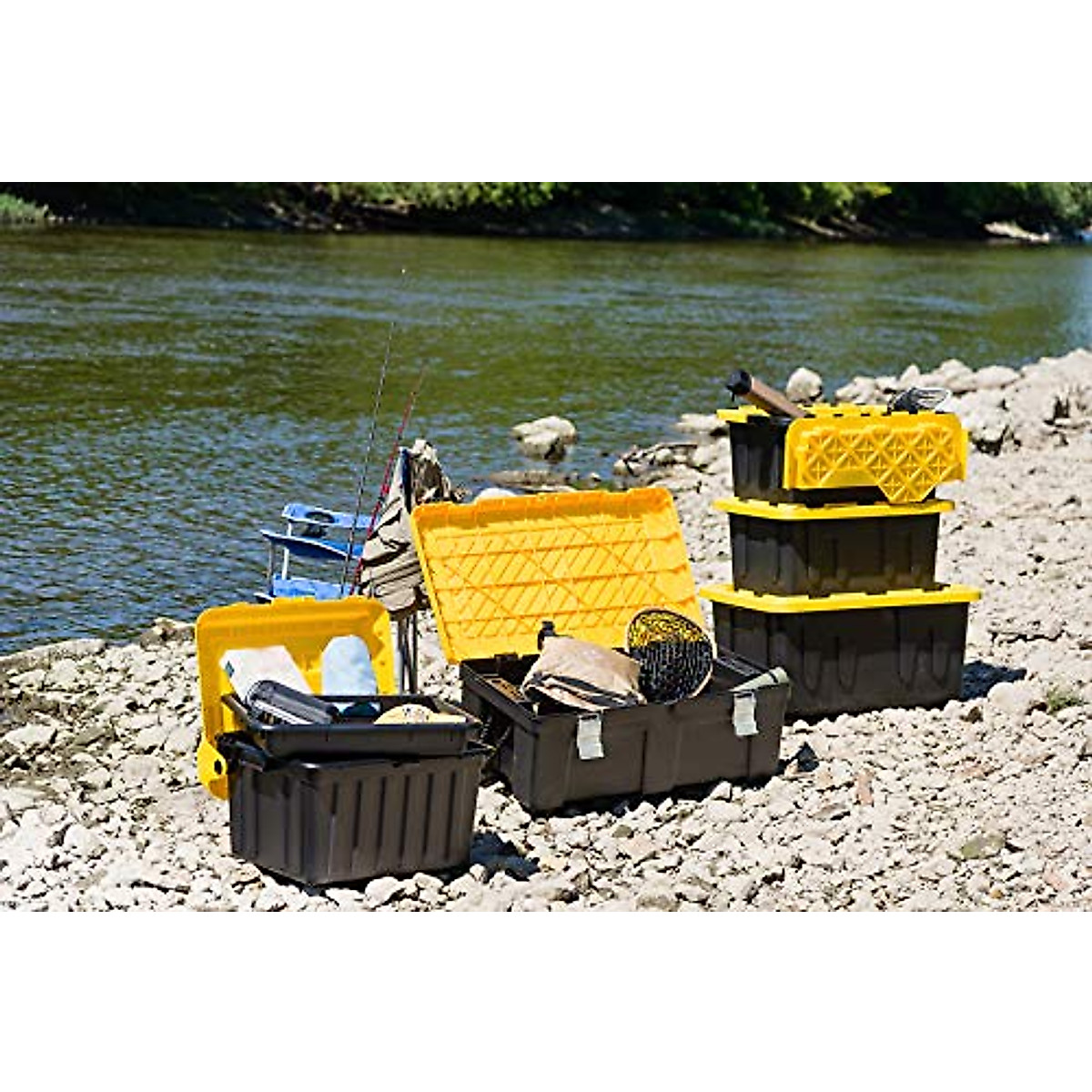 HOMZ 27 Gallon Durabilt Tough Storage Container, Black Base, Yellow Lid, Stackable, 4-Pack