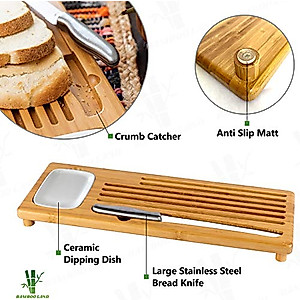 Bamboo Land- Bamboo Sweep Off Baguette Board with Bread Crumb Catcher and Ceramic Dipping Dish, 18” x 7”, Bread Cutting Board with Crumb Catcher, Board for Cutting Bread, Bread Cutter Knife