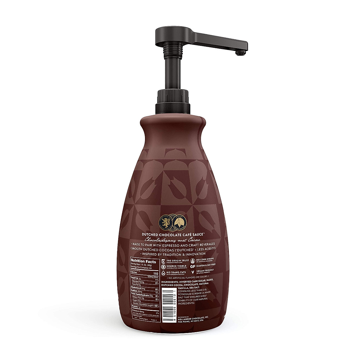 Dutched Chocolate Café Sauce™ by Hollander Chocolate Co. | Perfect for the Professional or Home Barista | Rainforest Alliance Certified | Net Wt. 89 oz (64 fl. Oz.) Large Bottle (PUMP Included)