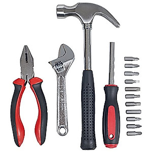 Home Improvement Tool Kit - 15-Piece Household Hand Tools Essentials Set in Durable Plastic Carrying Case for Home, Office, and Car by Stalwart (Red)