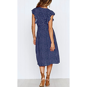 MITILLY Women's Boho Polka Dot Flutter Short Sleeve V Neck Button Down Swing Midi Dress with Pockets Small Dark Blue