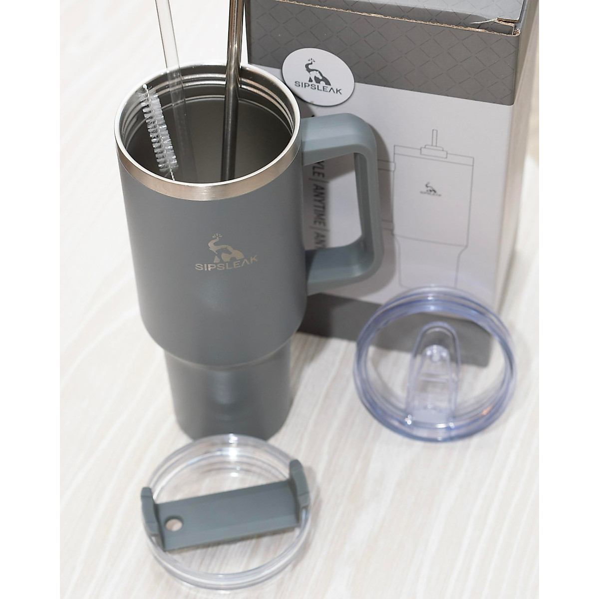 SIPSLEAK 40 Oz Tumbler with Handle and Straw – Stainless Steel Insulated Tumblers with 2 Lids, 2 Straws, Straw Brush – Portable and Reusable Coffee Tumbler Travel Coffee Mug Keeps Hot and Cold