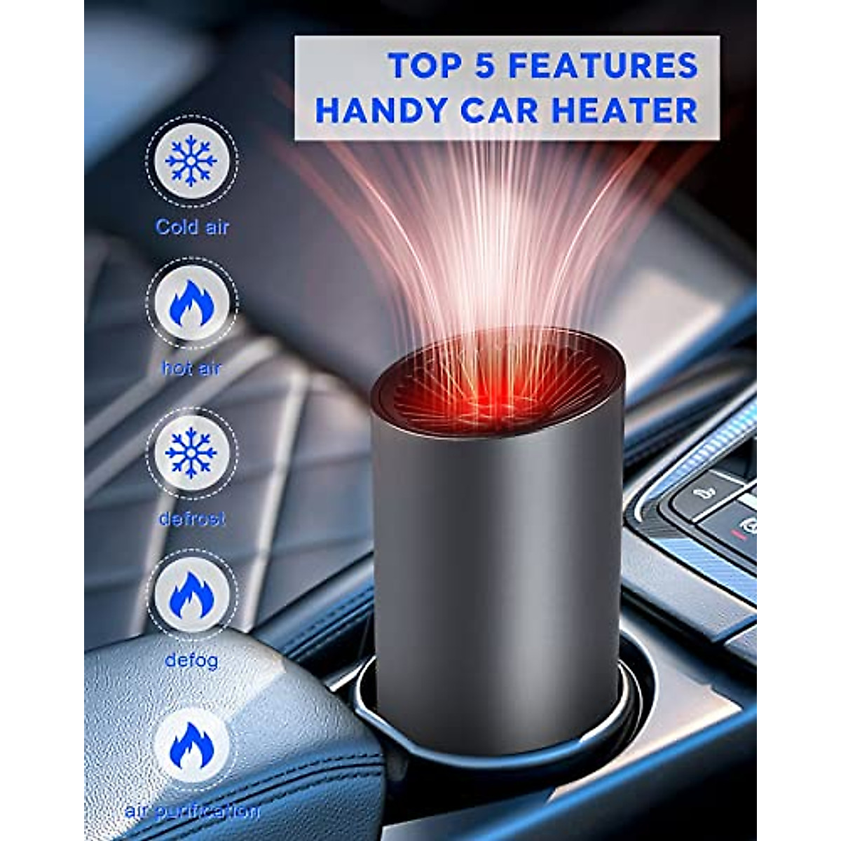 Car Heater Defroster- Portable Car Space Heater, Windshield Defroster Defogger, Heating and Cooling Fan with 12V 150W Thermostat, 3-Outlet USB Plug in Cigarette Lighter for Car SUV Truck RV Trailer