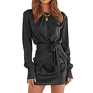 PRETTYGARDEN Women's 2023 Fall Satin Dress Long Sleeve Tie Waist Elegant Cocktail Party Mini Dresses (Black,Small)