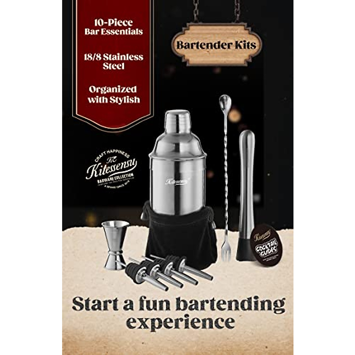 Cocktail Shaker Set | KITESSENSU Drink Mixer | 10-Piece Bartender Kit: 24 Ounce Margarita Shaker, Double Jigger, Muddler, 4 Liquor Pourers, Alcohol Mixer Spoon, Velvet Bag, Recipes Booklet - Silver