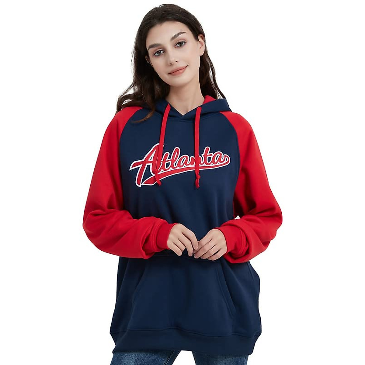 DELUSPTOMAY Mens Atlanta Baseball Team Big Embroidery Hooded Sweatshirt Pullover Casual Hoodie - Navy XL