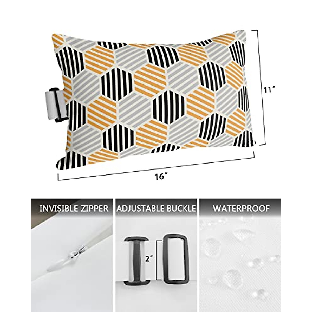 Recliner Head Pillow Ledge Loungers Chair Pillows with Insert Modern Art Orange Black Grey Hexagon Geometric Pattern Lumbar Pillow with Adjustable Strap Patio Garden Cushion for Bench Couch, 2 PCS