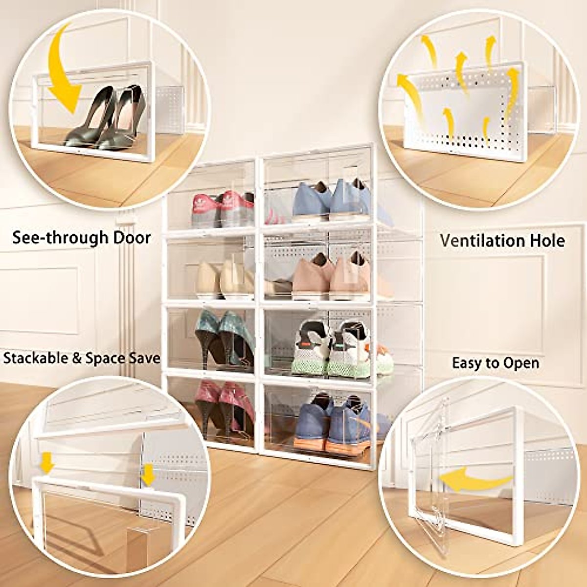 12 Pack Large Shoe Organizer Storage Boxes for Closet, Modular Space Saving Shoe Boxes Clear Plastic Stackable Sneaker Containers Display Case with Lids, White