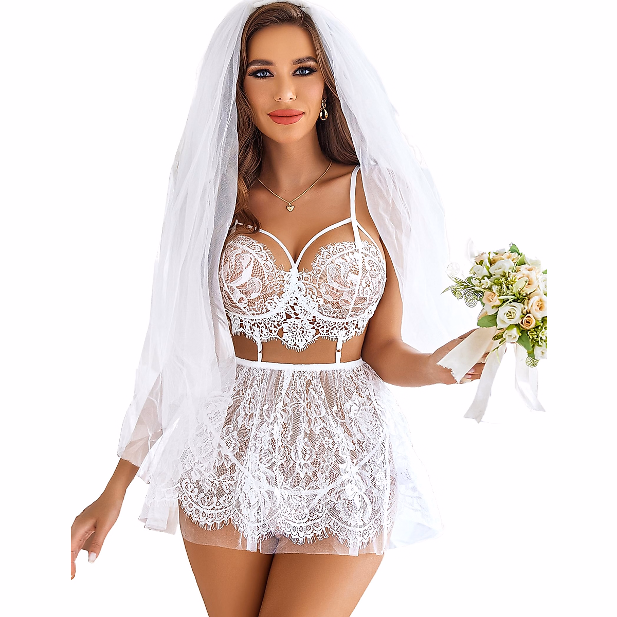 Avidlove Lingerie for Women Lace Exotic Negligee Bridal Nightdress White X-Large