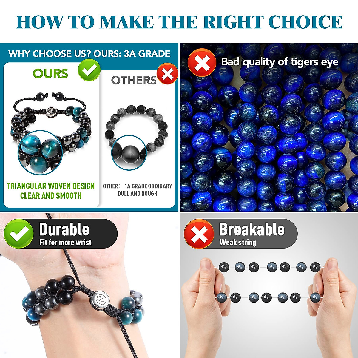 Triple Protection Bracelet - for Protect & Balance - Energy Crystal Bracelets for Men Women - Bring Good Luck & Prosperity - Tiger Eye Hematite & Black Obsidian Jewelry Natural Stone Healing Bracelet