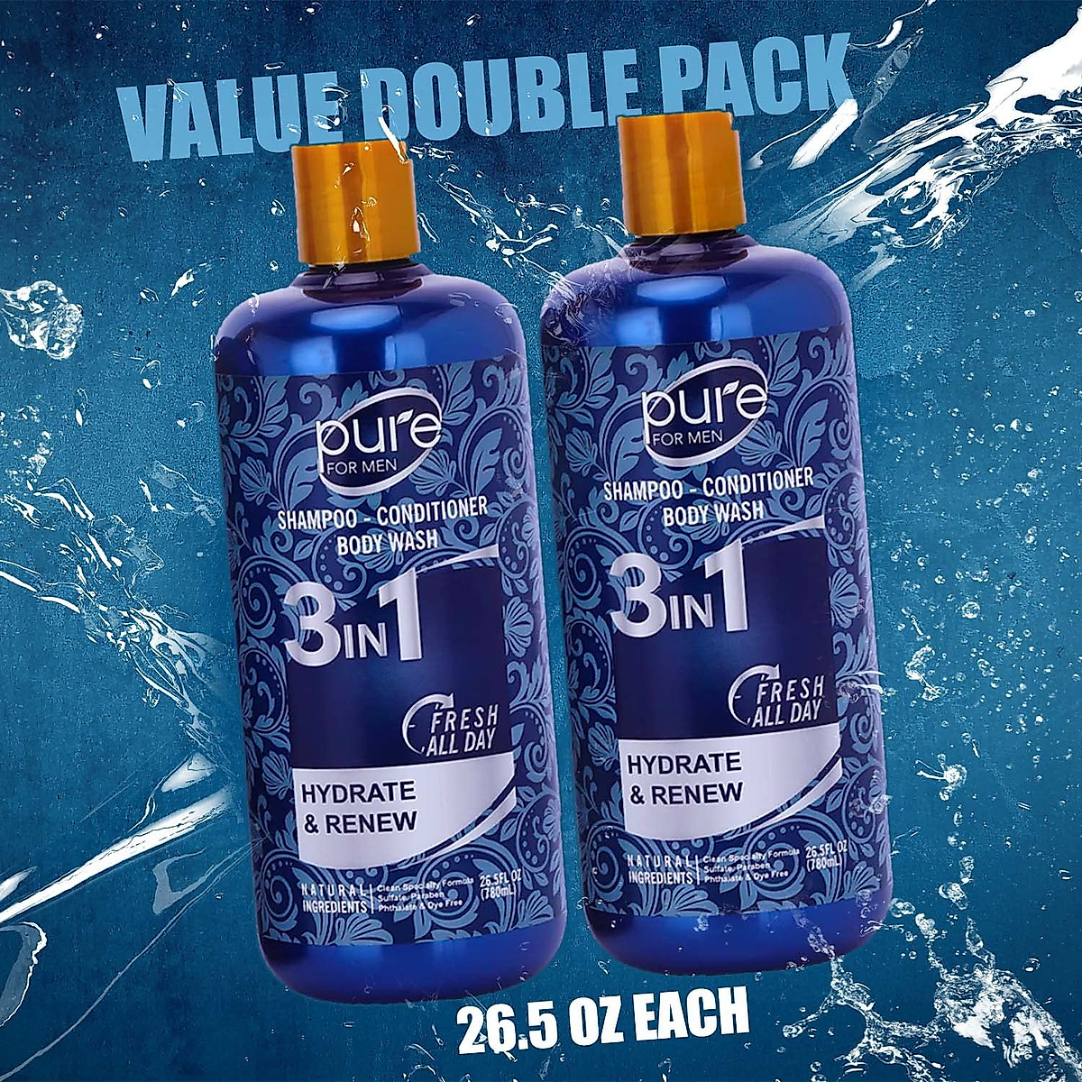3-in-1 Men's Shower Gel, Shampoo and Face Wash - Paraben & Sulfate Free, Keeps You Fresh All Day! 2 Pack.