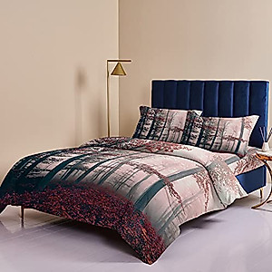 4 Piece Bedding Duvet Cover Set Aesthetic Forest Tree Red Leaves,Soft Bedspread Decorative Pillow Shams Microfiber Quilt Cover Nature Landscape,Washable Bed Sheet Comforter Set for Bedroom Hotel Twin