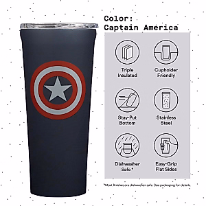 Corkcicle Marvel 24 Ounce Triple Insulated Stainless Steel Travel Cup Tumbler with Lid and Silicone Bottom for Hot and Cold Drinks, Captain America