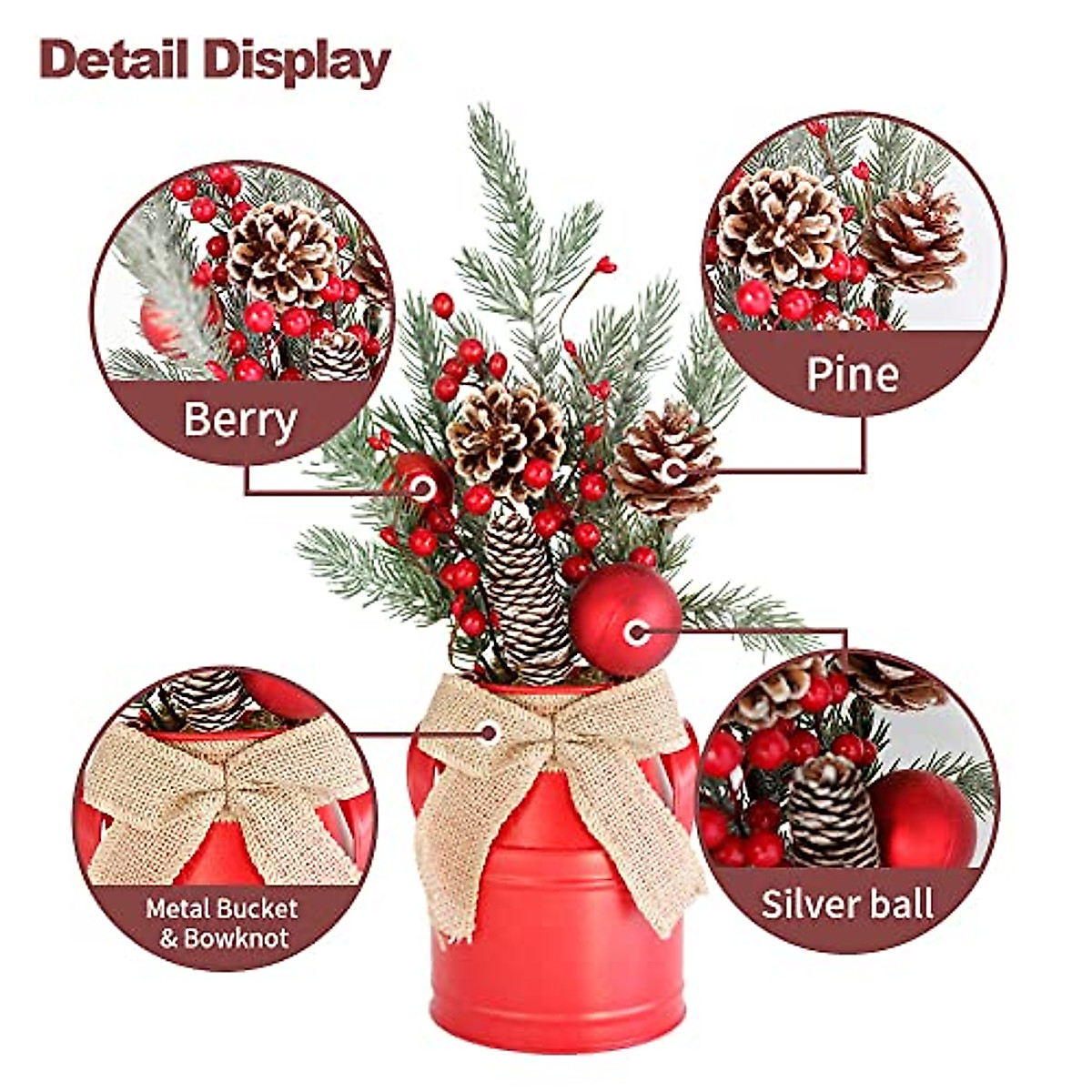 Qingbei Rina Artificial Christmas Centerpiece Decoration,Mini Red Christmas Tree Potted Plants,Holiday Table Fake Greenery with Christmas Ball, Pine, Berry for Home,Office, Window, Fireplace