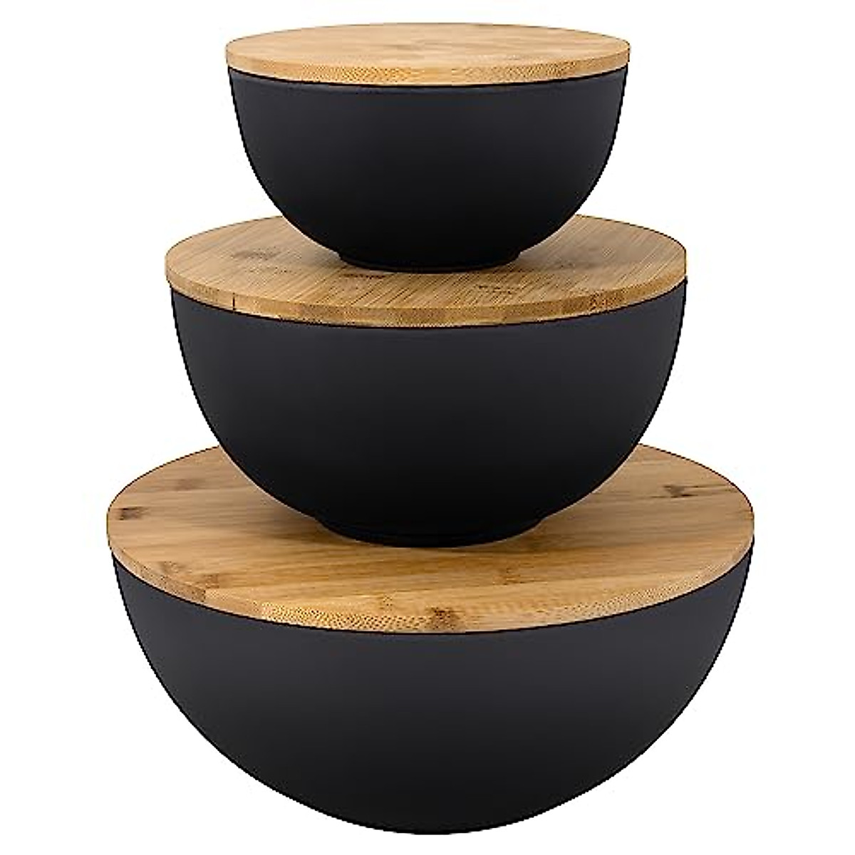 Bremel Home Salad Bowl with Lid - Large Salad Bowl Set of 3 with Wooden Lids, Bamboo Fibre like Melamine Mixing Bowl & Storage Set for Serving Salad, Salad Serving Bowl Set for Pasta, Popcorn, Chips