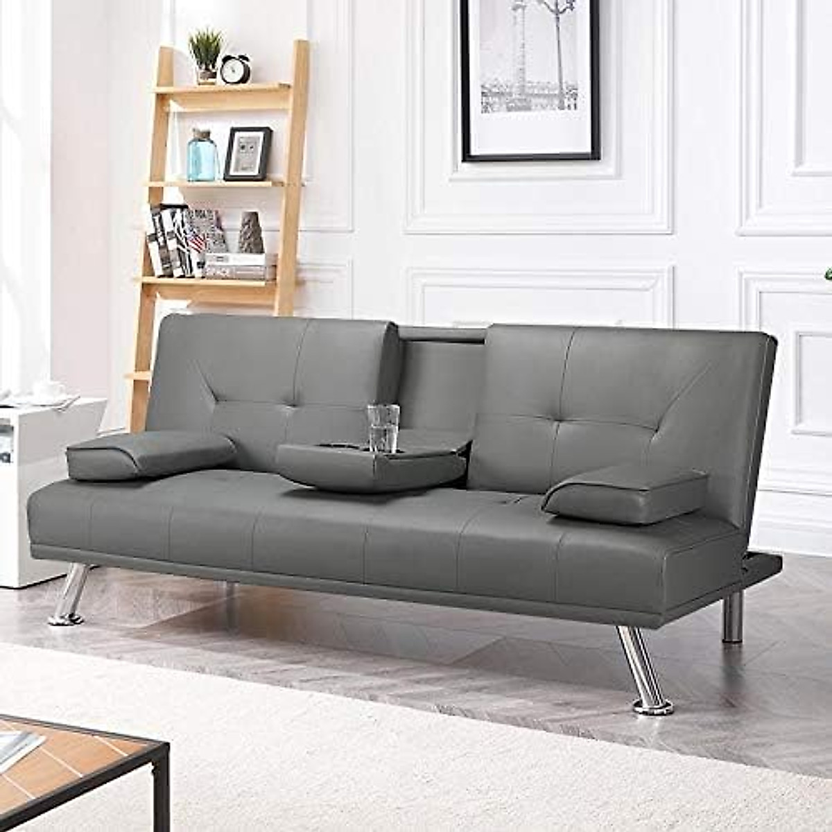 GATEQ Contemporary Faux Leather Futon, Convertible Sofa Bed, Adjustable Sofa Sleeper, Folding Sunbed Guest Bed, Removable Armrests with Cupholders and Pillow (Grey)