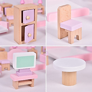 FUN LITTLE TOYS 4 Set Wooden Doll House Furniture, 22 PCs Dollhouse Accessories, Pink Wooden Toys