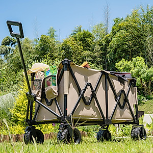Devoko Collapsible Folding Wagon, 200L Outdoor Heavy Duty Beach Garden Wagon Cart with Big Wheels for Sand, Grocery Cart on Wheels, Beige