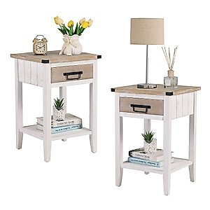 RUSTOWN Farmhouse Bedside Table Set of 2, Rustic Nightstand with Drawers and Open Shelf, Side Table End Tables for Bedroom/Living Room/Lounge (Vintage White)