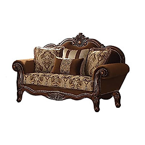 simple relax Cherry Oak Fabric Upholstered Wooden Loveseat with Rolled Arms