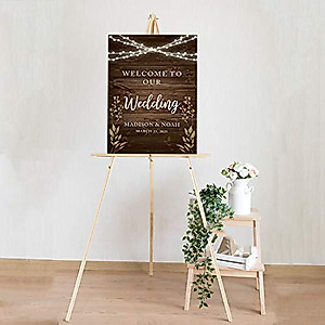 Andaz Press Personalized Extra Large Wedding Easel Board Party Sign, 12x18-inch, Rustic Wood with Hanging Ball Lights and Florals, Welcome to Our Wedding Bride Groom Name Date, 1-Pack, Custom