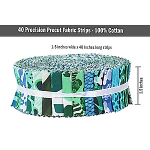 Soimoi 40Pcs Animals Print Precut Fabrics Strips Roll Up 1.5x42inches Cotton Jelly Rolls for Quilting - Teal Green