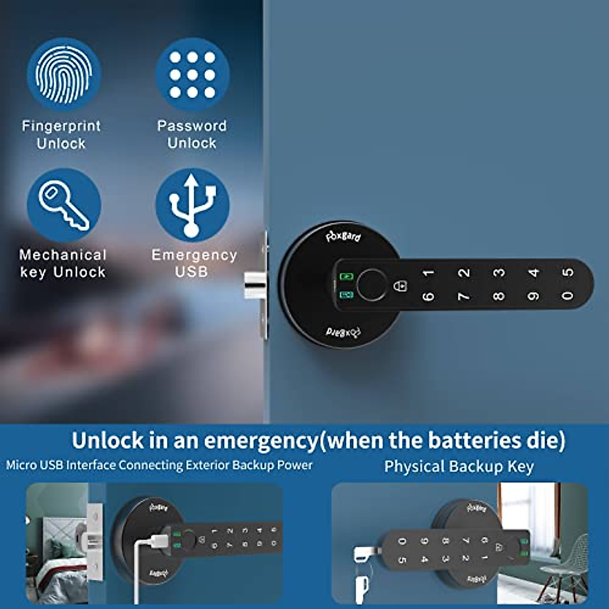 Fingerprint Door Lock, Foxgard Biometric Door Lock, Keyless Entry Door Lock with Keypad,Smart Door Knob with 100 Fingerprints, 50 Codes, Auto Lock Mode for Home,Bedroom, Office, Hotel(Black)