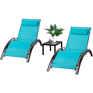 VARVIND Patio Chaise Lounge Chair Set of 3,Aluminum Outdoor Lounge Chair with Headrest,Sunbathing Lounger,Pool Tanning Chairs,Armrest Recliner Chiar with Side Table for Beach,Garden，Lawn(Blue)