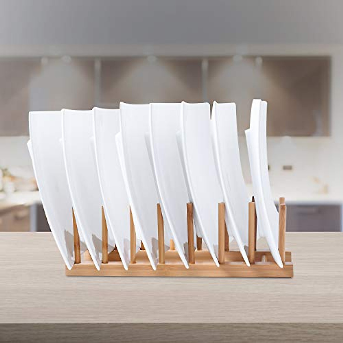 Wevapers 2Pack Bamboo Wooden Dish Rack, Plate Rack Stand Pot Lid Holder, Kitchen Cabinet Organizer for Cup, Cutting Board, Bowl, Drying Rack and More