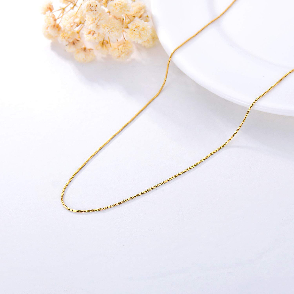 18k Yellow Gold 0.7mm, 1mm, 1.5mm, 2.8mm Round Snake Chain Necklace Herringbone Chain Necklace for Women, Gold Round Snake Bone Chain Necklace, Durable Strong Solid 18k Gold Chain Necklace, 14inch-30inch (Custom Lengths, 0.7mm)