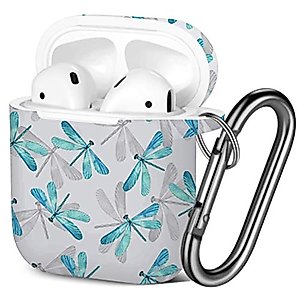 [ Compatible with AirPods 2 and 1 ] Shockproof Soft TPU Gel Case Cover with Keychain Carabiner for Apple AirPods (Dragonfly Blue Watercolor)